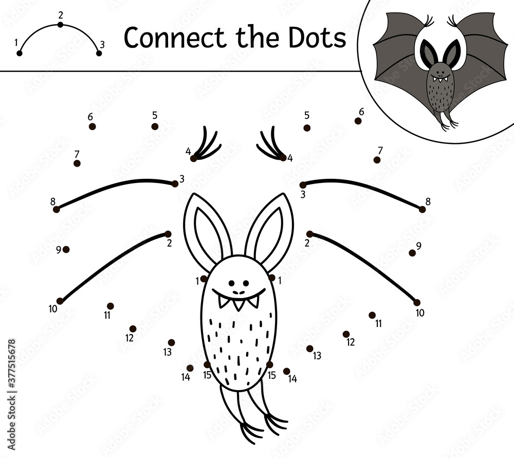 Vector Halloween dot-to-dot and color activity with cute bat. Autumn ...