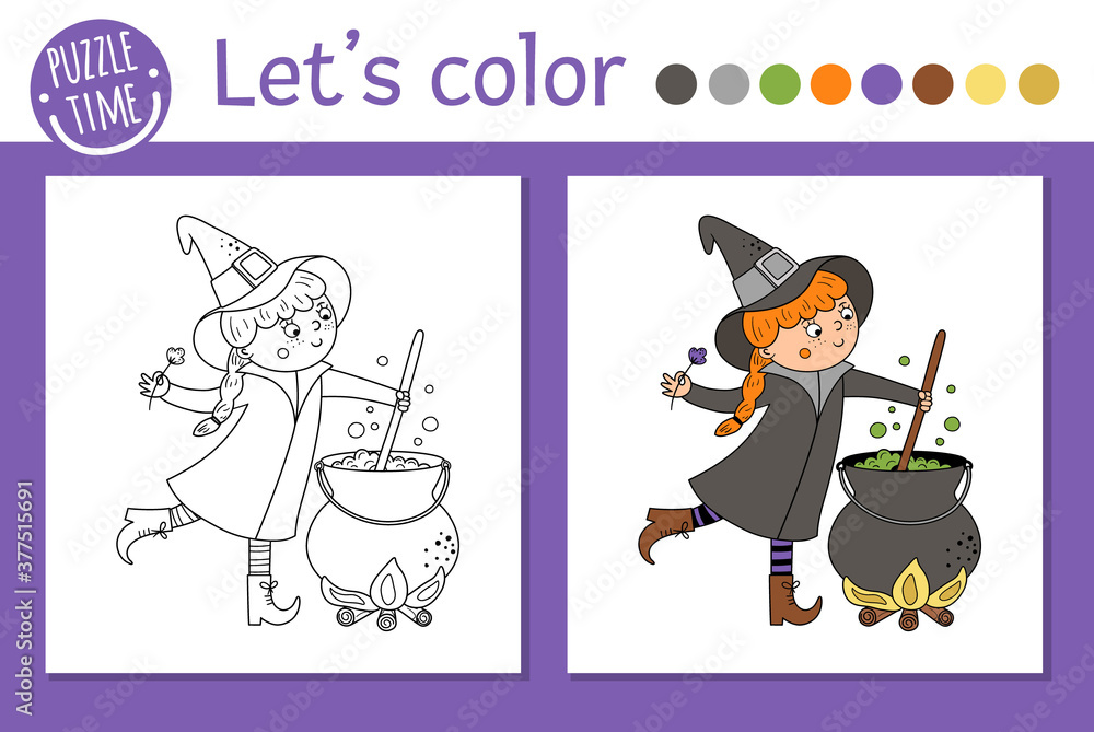 Halloween coloring page for children. Cute funny witch with cauldron ...