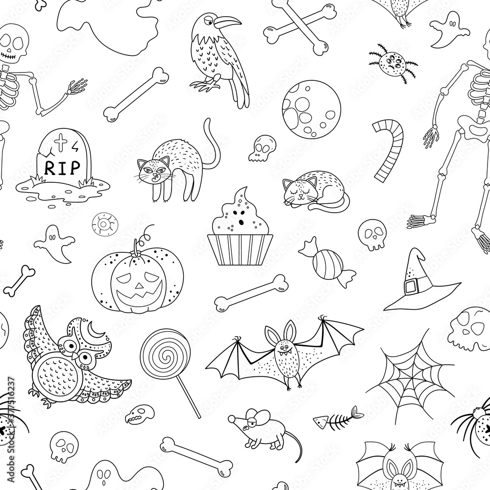 Vector black and white seamless pattern with Halloween elements ...