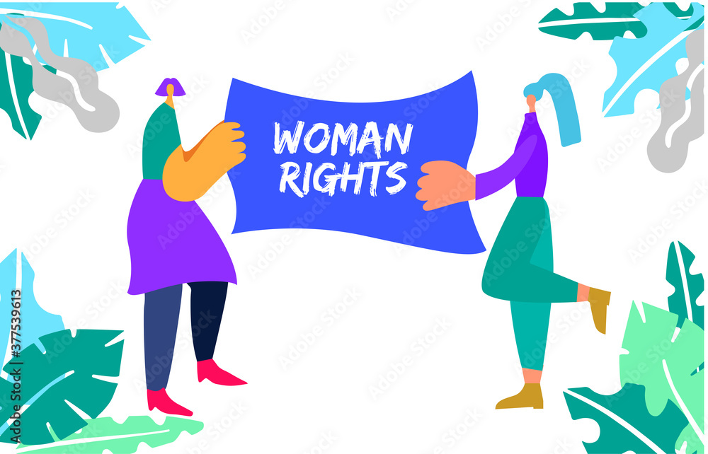 Woman couple holding streamer woman rights. Flower frame. For girls ...