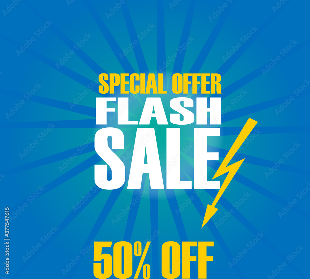 fifty percent discount coupon, with lightning on a blue iridescent ...