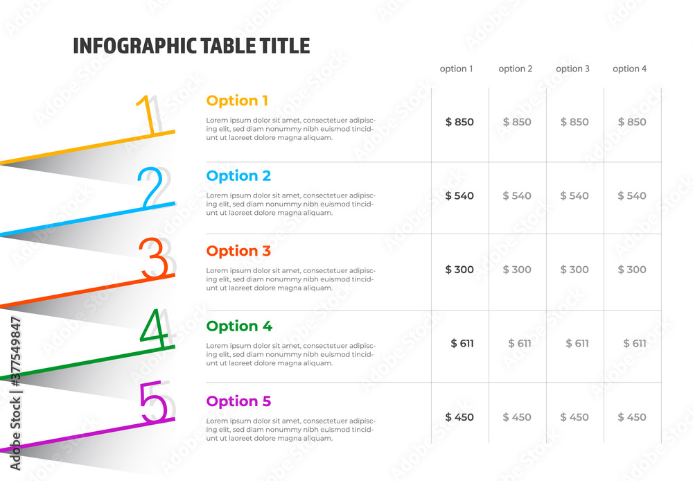 editable infographic layout with 5 options in table form. Modern ...
