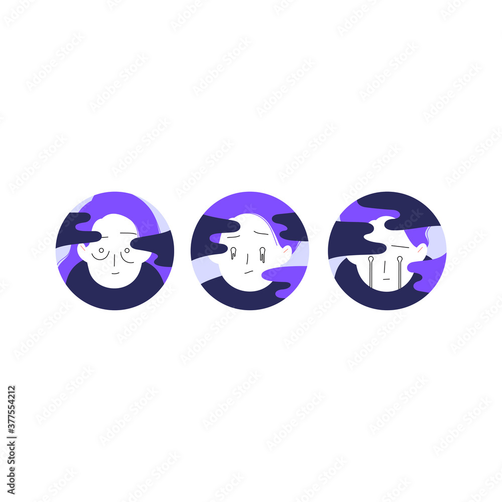 Set of fllat vector portraits of a depressed woman cropped in circle ...