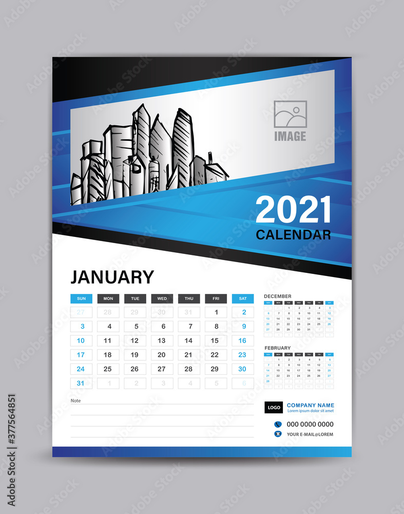 Wall calendar template for 2021 year. January month layout. Desk ...