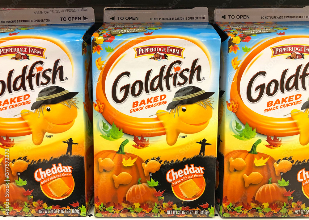 Alameda, CA - Sept 7, 2020: Grocery shelf with packages of Goldfish ...