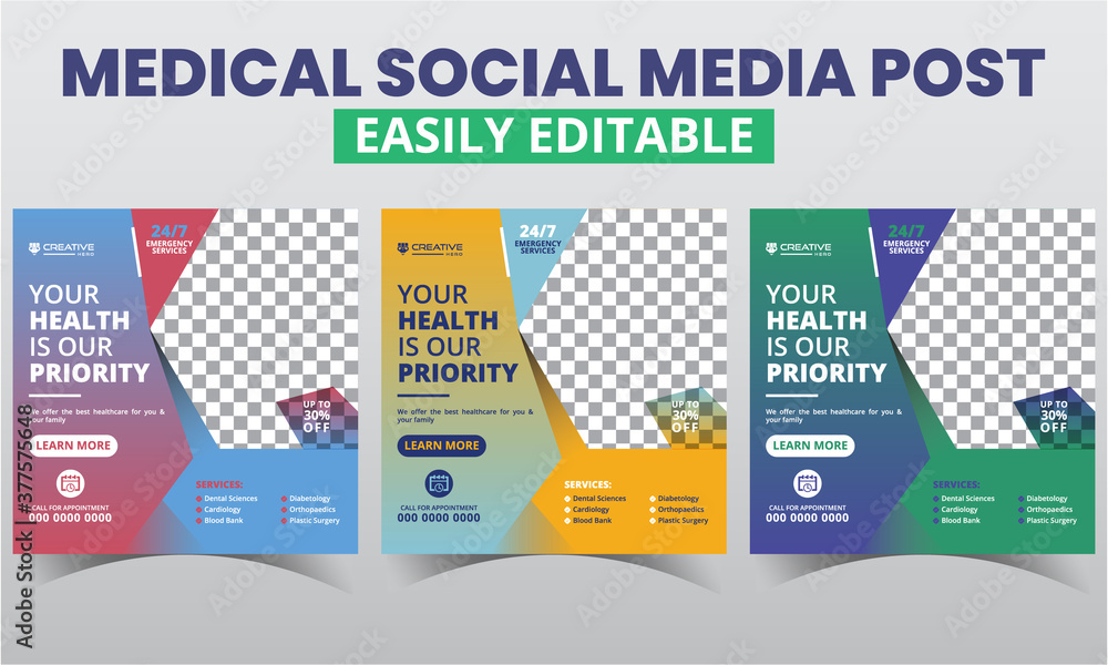 Medical social media post design Vector editable templates. Modern ...