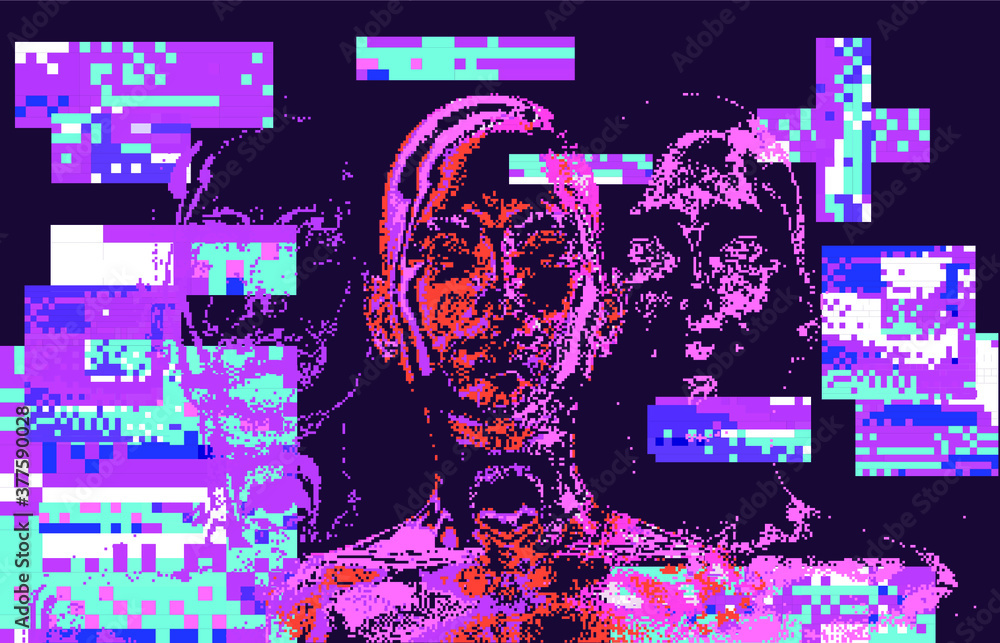 Artificial human on glitched background. Pixel art illustration. Stock ...