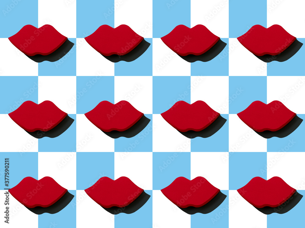 Red lips pattern on white blue checkered background. Many Lips seamless ...
