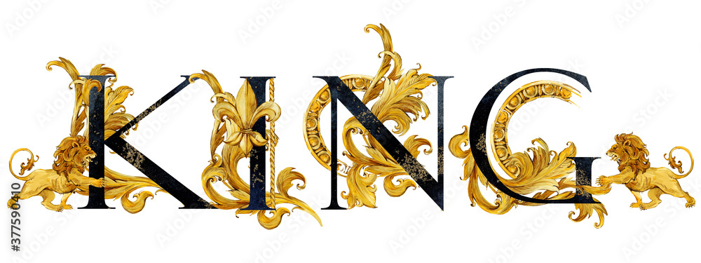 King word hand drawn lettering. vintage gold damask curl script. love ...