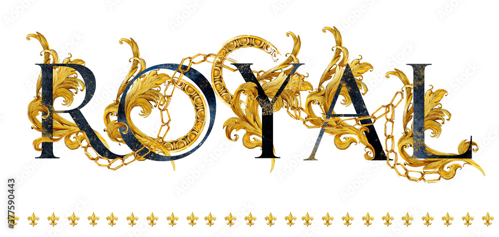 Royal word hand drawn lettering. vintage gold damask curl script. love ...