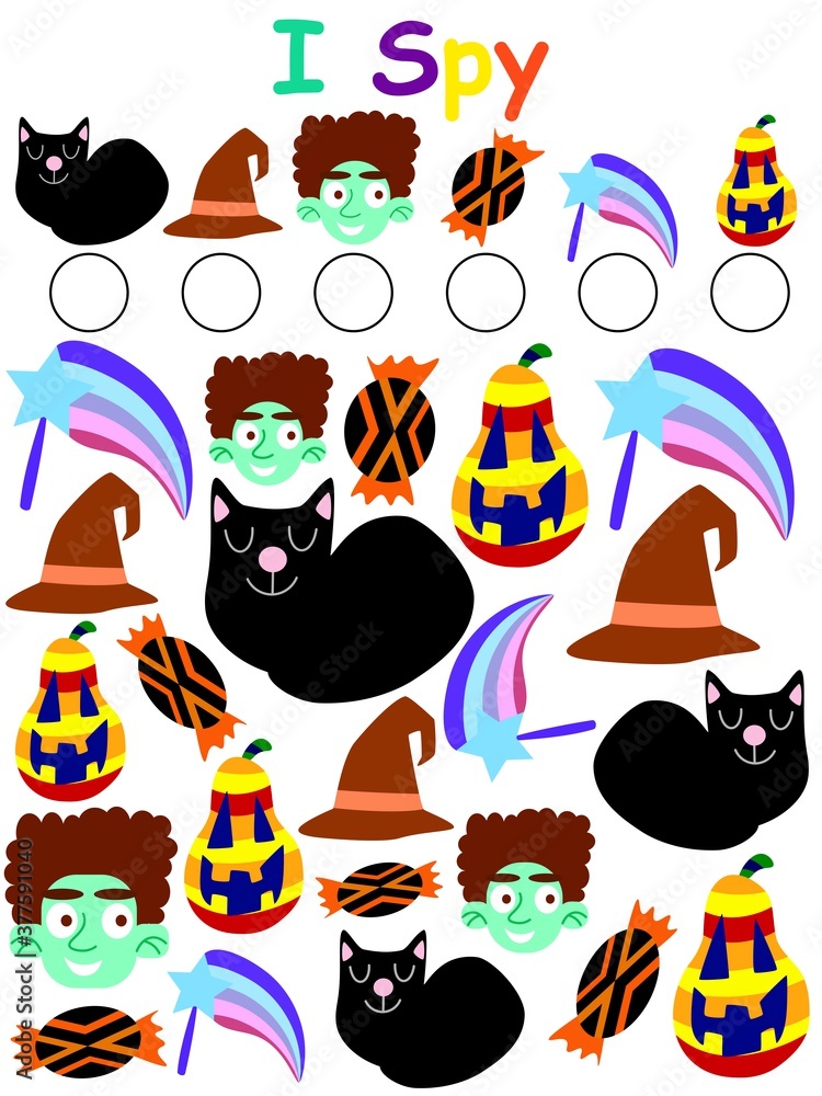 Halloween activity worksheet I spy game for kids stock vector ...