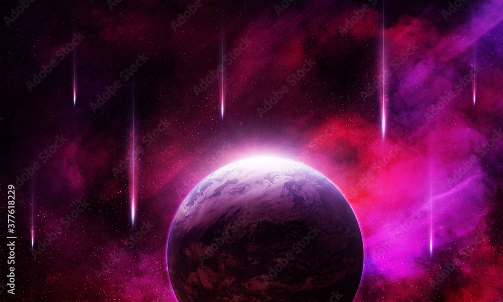 planet moon in space among the pink bright glow of falling stars and ...