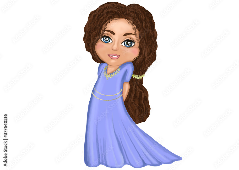 Young cartoon princess. Hand drawn little blue eyes princess with brown ...