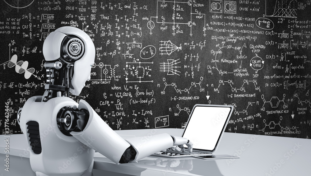 Robot humanoid use laptop and sit at table for engineering science ...