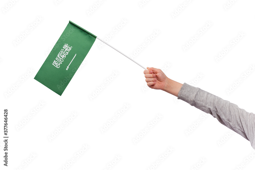 Child holds flag of Saudi Arabia isolated on white background. Green ...