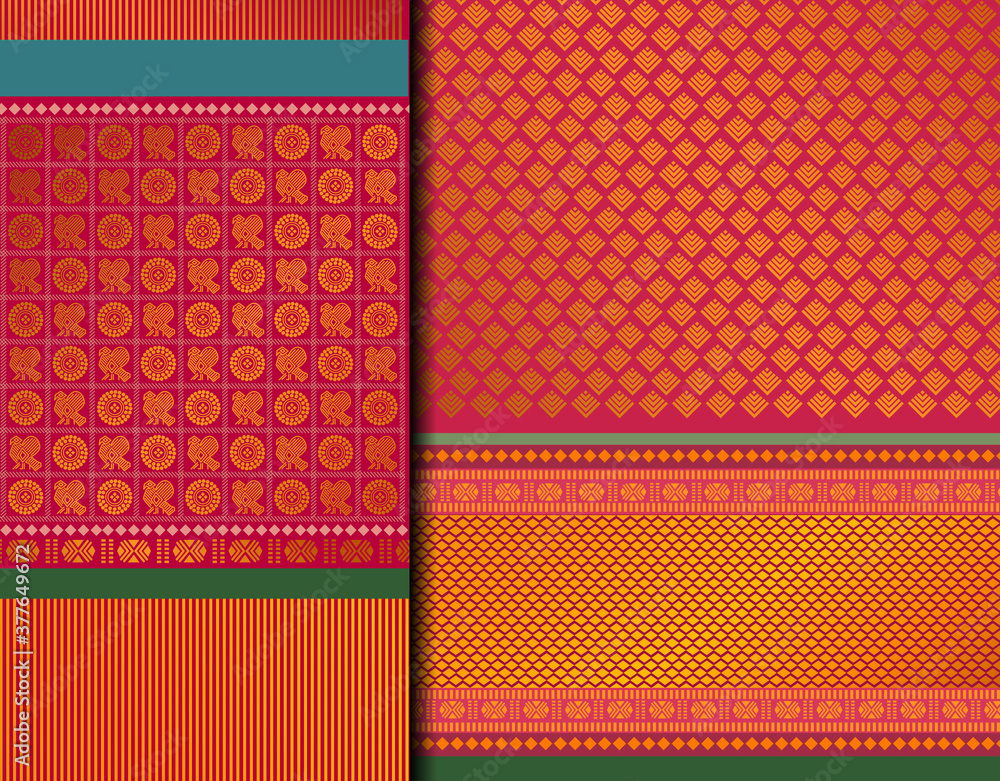 Indian Pattu Sari Vector pattern set. Traditional handmade Indian silk ...
