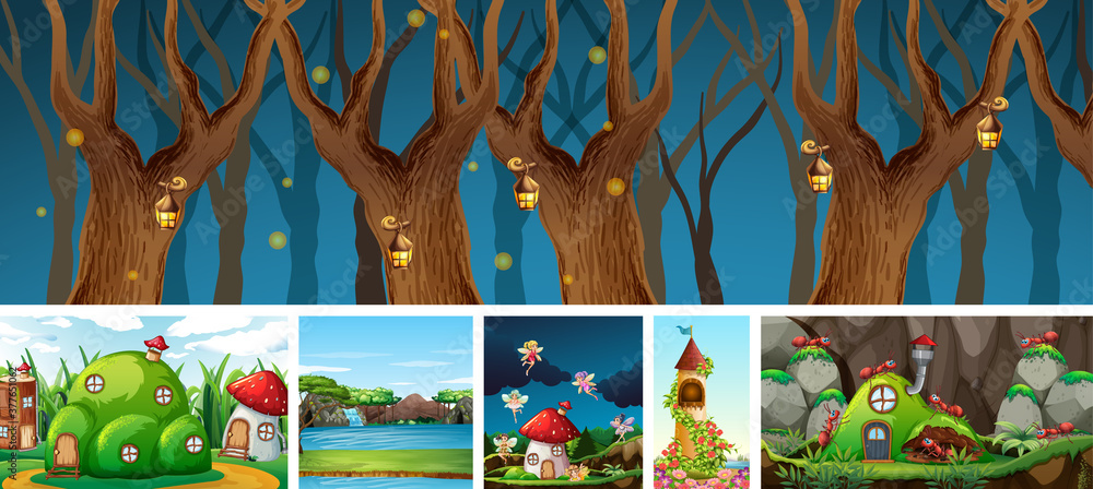 Six different scene of fantasy world with fantasy places such as ...