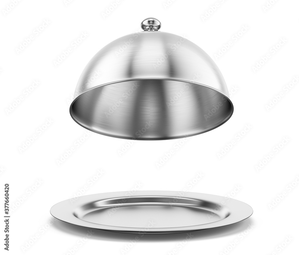 Open silver steel serving Cloche isolated on a white background. 3d ...