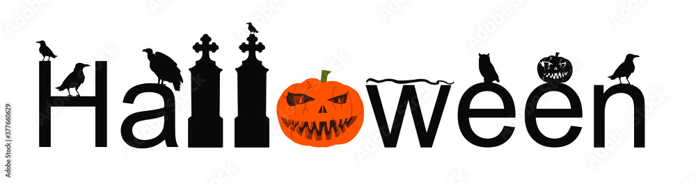 Halloween word sign vector silhouette illustration isolated on white ...