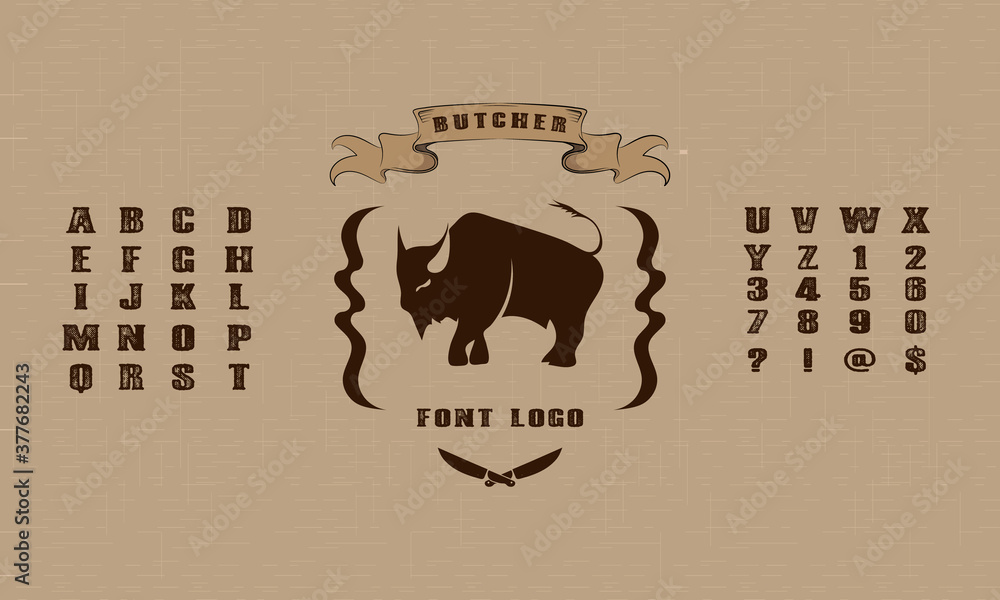 Decorative serif font in retro style. Butcher shop label template ...