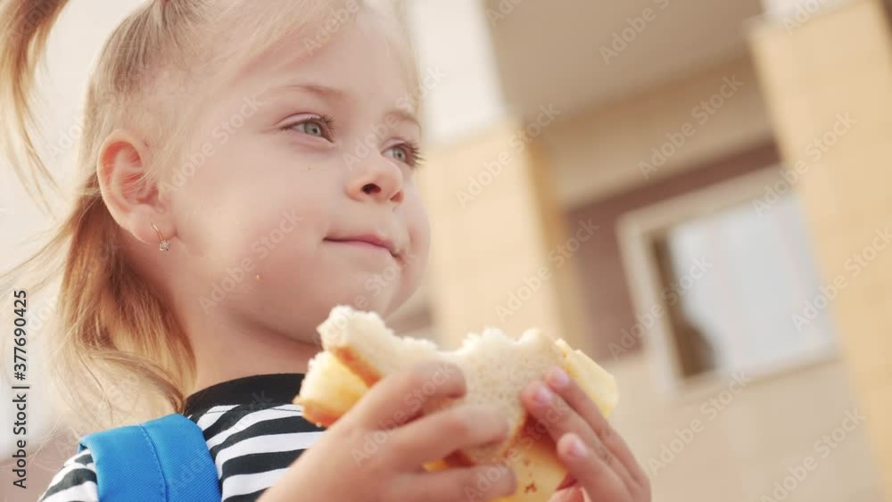 schoolgirl eating a sandwich during recess in school. kids education ...