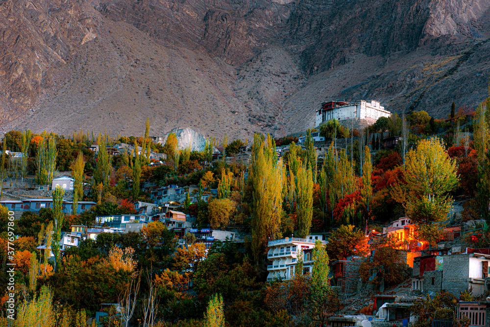 baltit fort with autumn trees in karimabad, hunza, gilgit baltistan ...