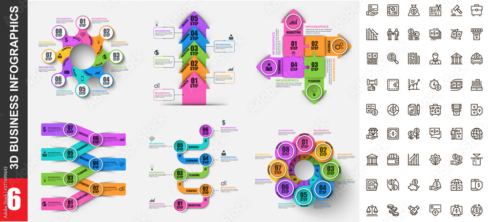 Bundle 3d infographics vector design template with set business icons ...