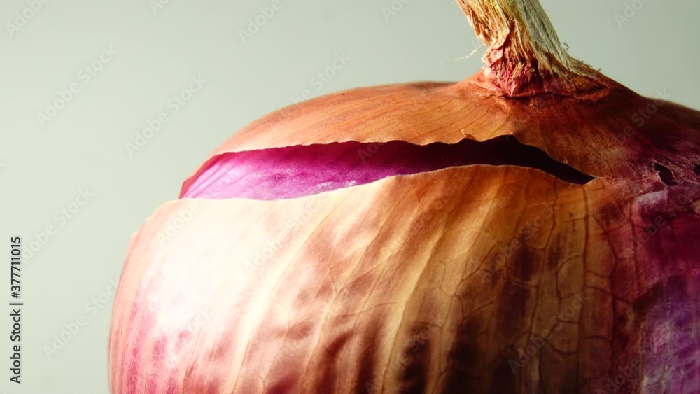 Sliced red onion rings rotating in 4K. Closeup top view of healthy food ...