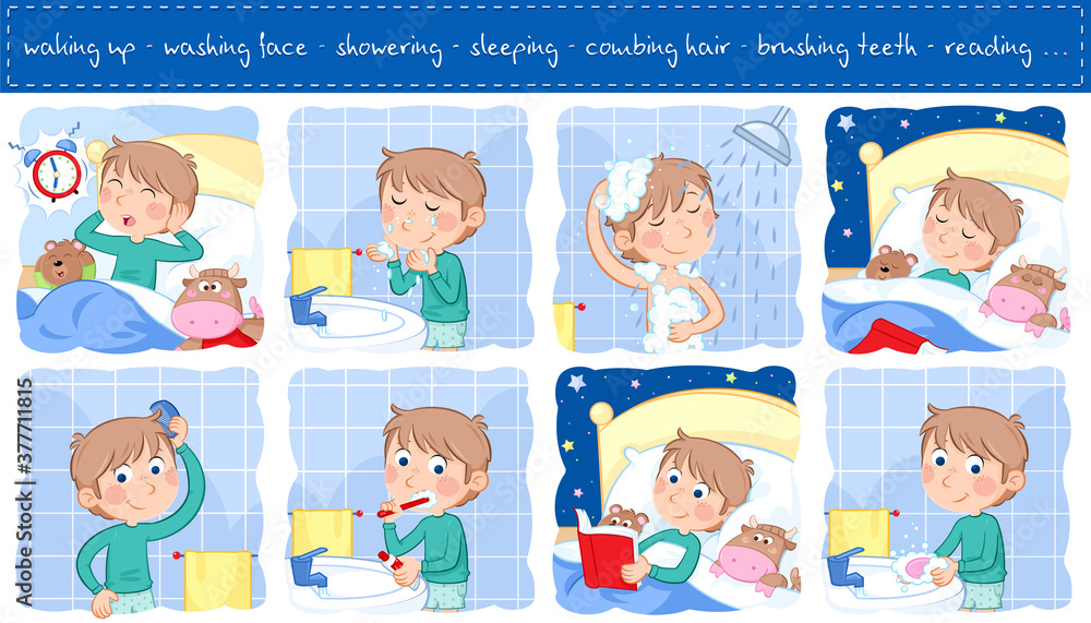 Daily routine of a little boy with light brown hair - Set of eight good ...