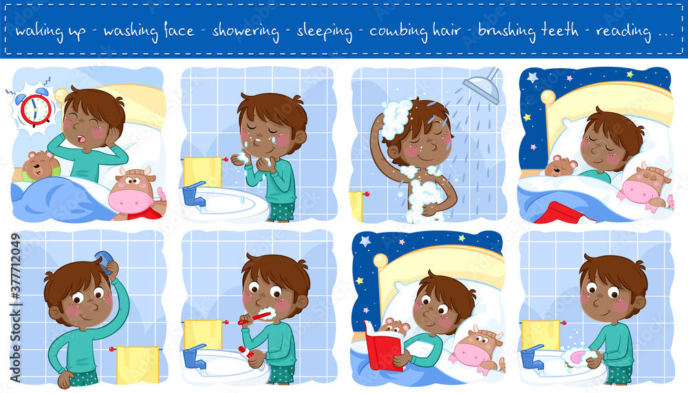 Good morning and good night - Daily routine of a little black boy with ...