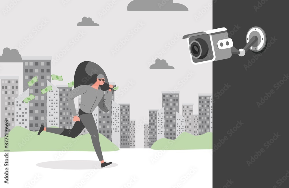 Vetor de Security city camera filming thief running away with the loot ... Vetor de Security city camera filming thief running away with the loot ...