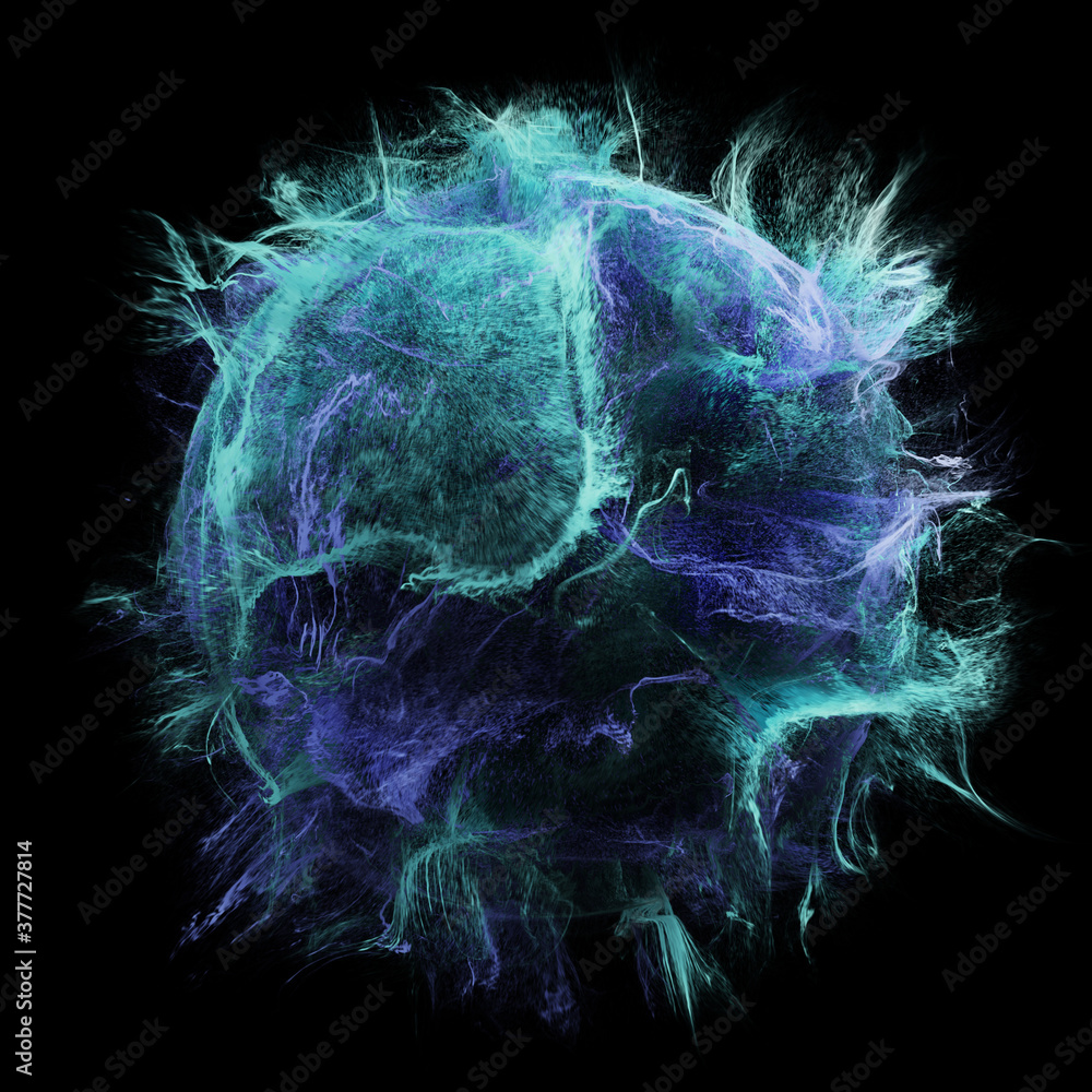 Abstract explosion of colors, particle flowing in a sphere. Energy ...