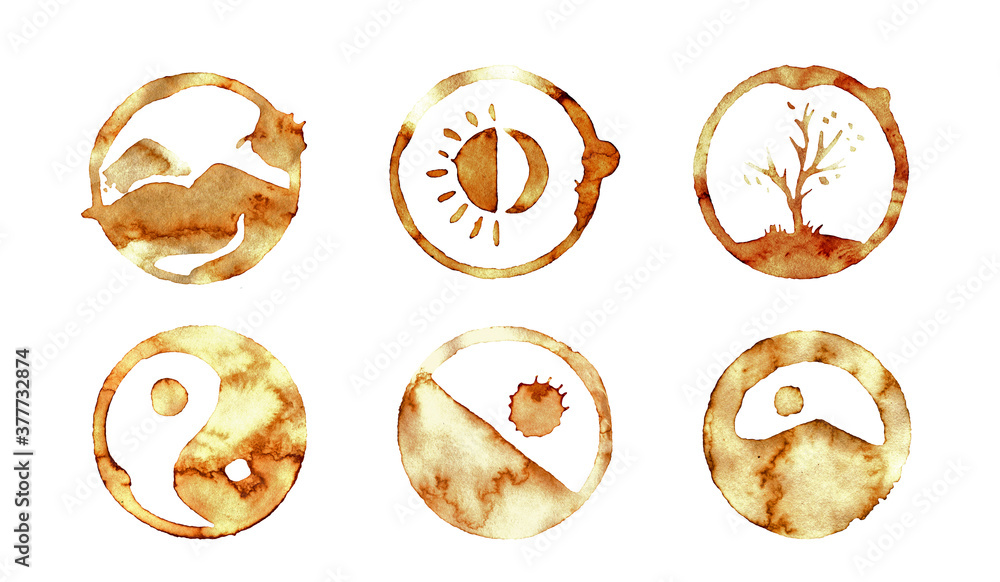 Coffee or tea black spots. Coffee spots with picture of nature. Dirty ...