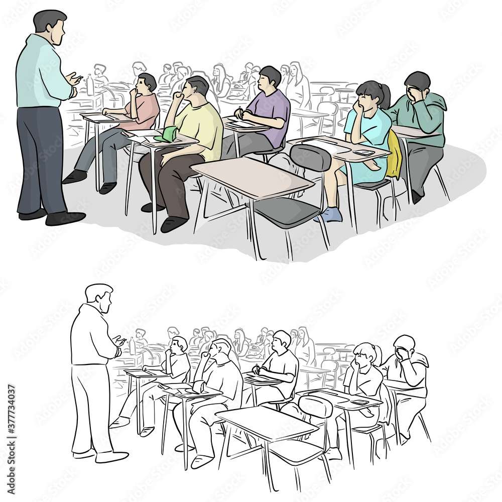 Young people sitting at the tables and listening to a lecture in ...