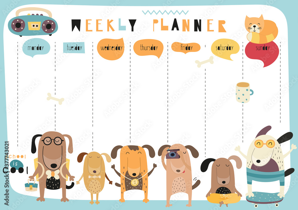 Weekly planner with funny dogs in doodle cartoon style. Kids schedule ...