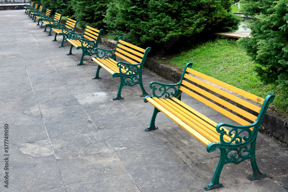 Bench chairs seating in Public park in a row at Ravangla Buddha Park in ...