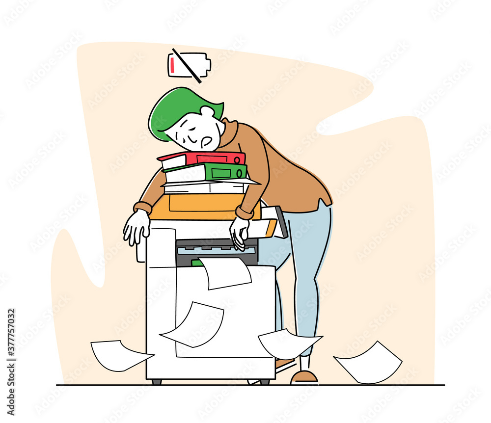Hard Work Tired Business Woman with Low Battery Level Sleep on Printer ...