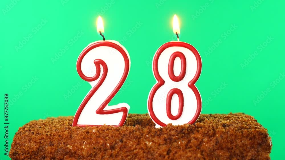 Cake with the number 28 lighted candle. Chroma key. Green Screen ...