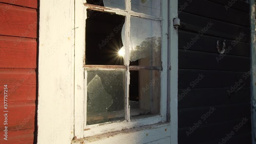 Broken window on old red barn countryside farm storage house. Abandoned ...