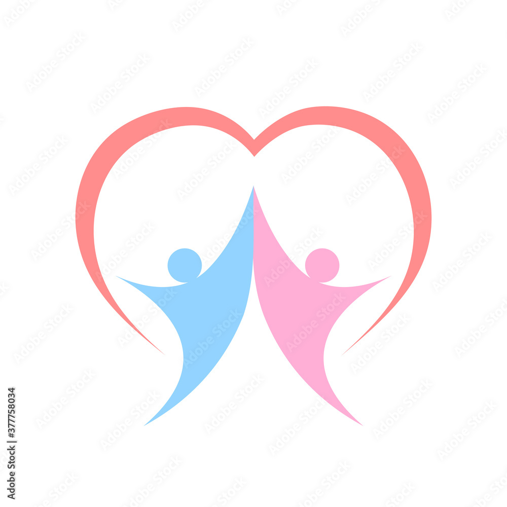 Vector illustration of two people together and symbol of heart on white ...
