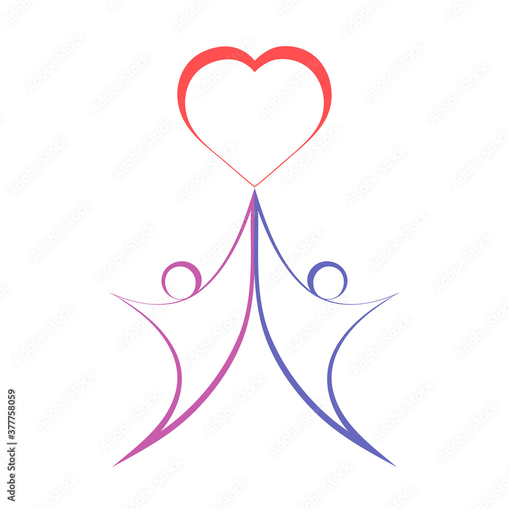 Vector illustration of two people together and symbol of heart on white ...