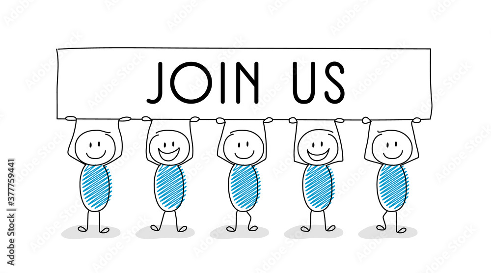 Cartoon people holding banner with “join us” text. New vacancy concept ...