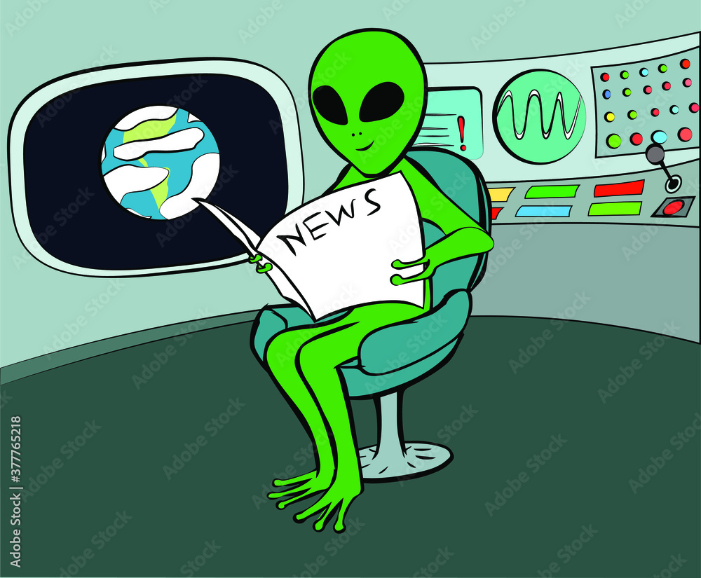 Vector illustration of reading newspaper smiling alien, that sitting in ...