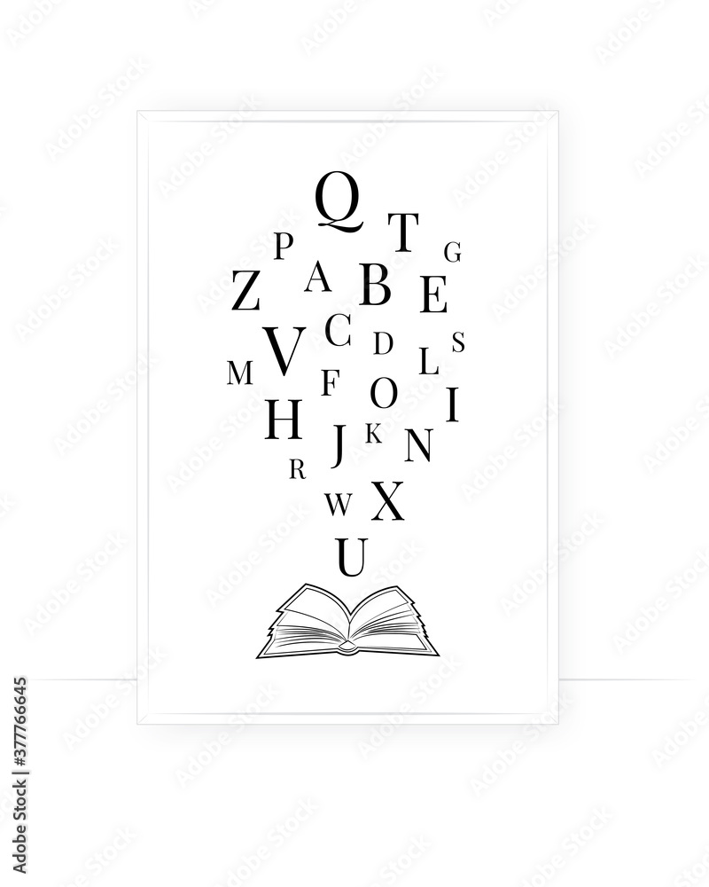 Open book illustration with flying letters, vector. Book illustration ...