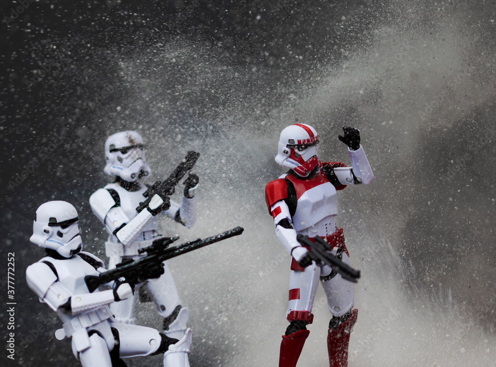 NEW YORK USA - SEPTEMBER 13 2020: Imperial stormtroopers in battle with ...