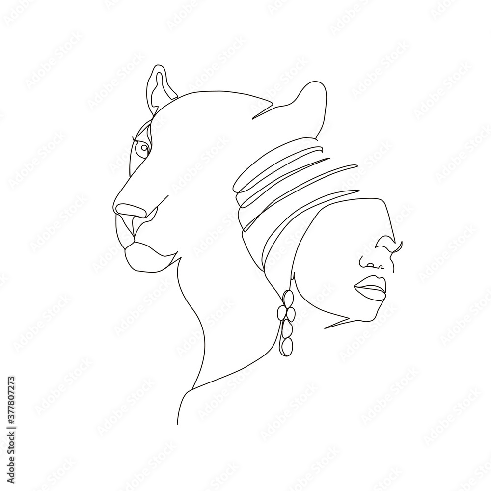 Continuous line art or One Line Drawing. African woman and leopard ...