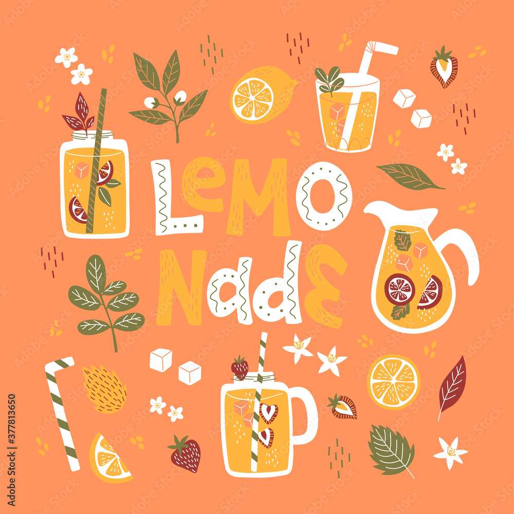 Hand drawn lemon, lemon slice, lemonade, leaves and handwritten text ...