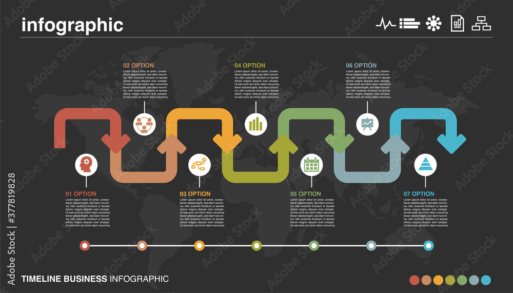 Timeline infographic with 7 options on world map background Stock ...