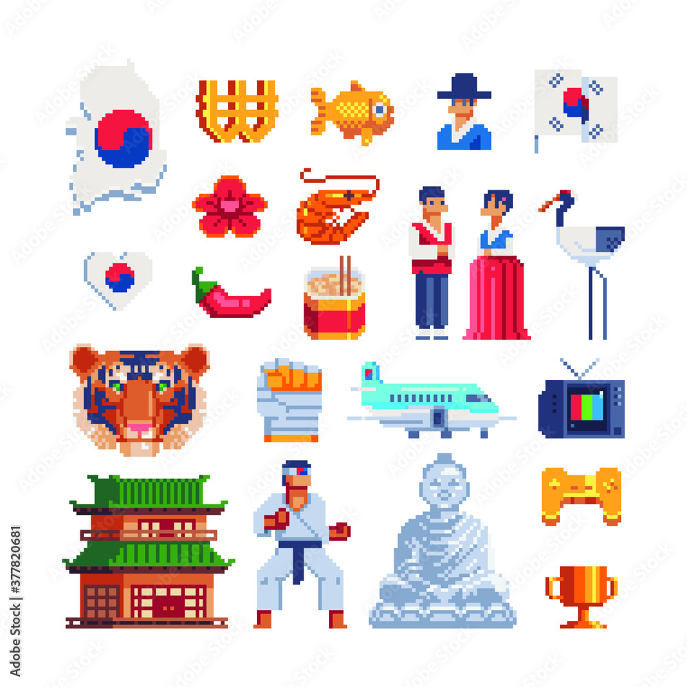 Korea elements of national culture travel landmark pixel art 80s style ...