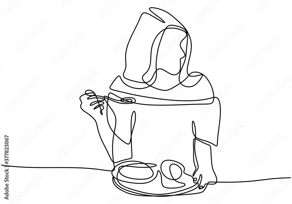 One continuous line drawn woman dining in restaurant. Young beautiful ...